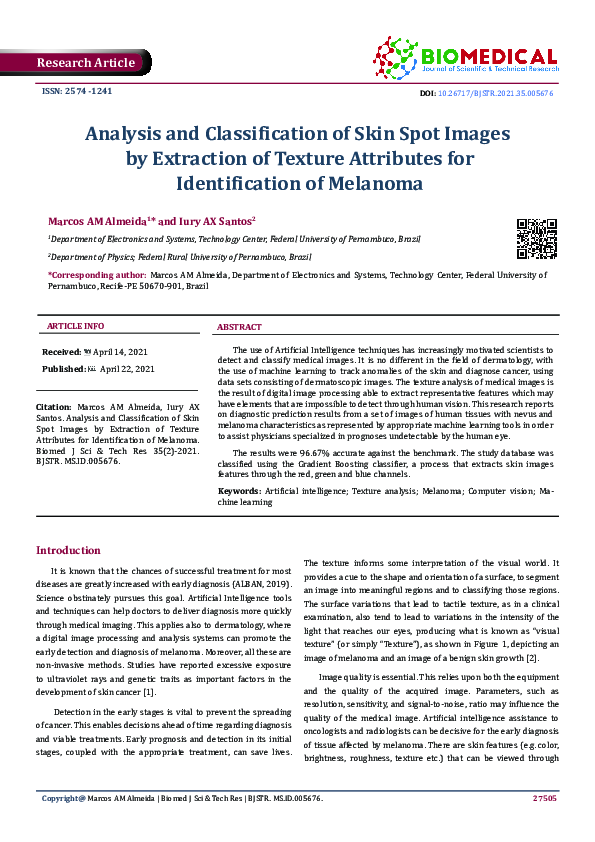 Pdf Analysis And Classification Of Skin Spot Images By Extraction Of Texture Attributes For