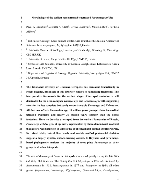 (PDF) Morphology of the earliest reconstructable tetrapod Parmastega ...