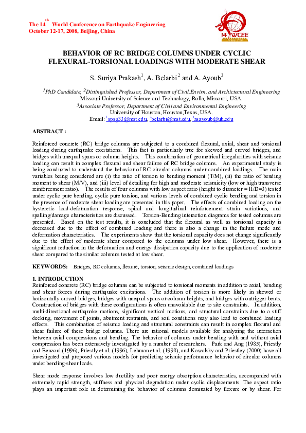 (PDF) Behavior of RC Bridge Columns Under Cyclic Flexural-Torsional Loadings with Moderate Shear