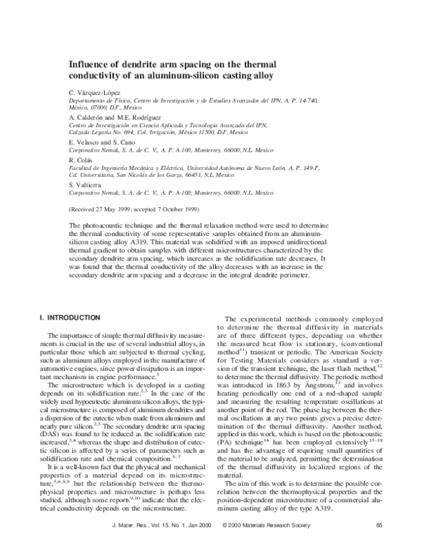 Pdf Influence Of Dendrite Arm Spacing On The Thermal Conductivity Of An Aluminum Silicon
