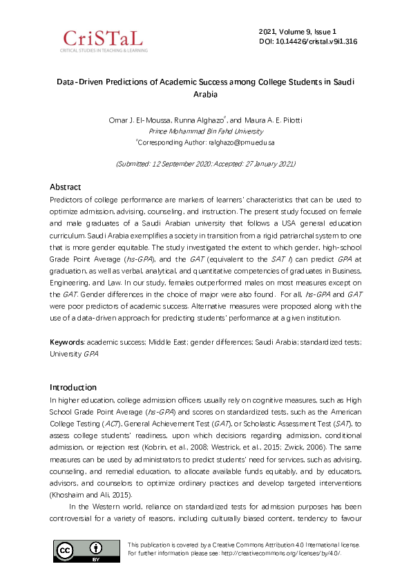 (PDF) Data-Driven Predictions of Academic Success among College Students in Saudi Arabia