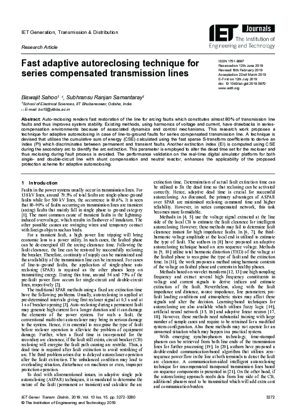 Pdf A Fast Adaptive Autoreclosing Technique For Series Compensated Transmission Lines