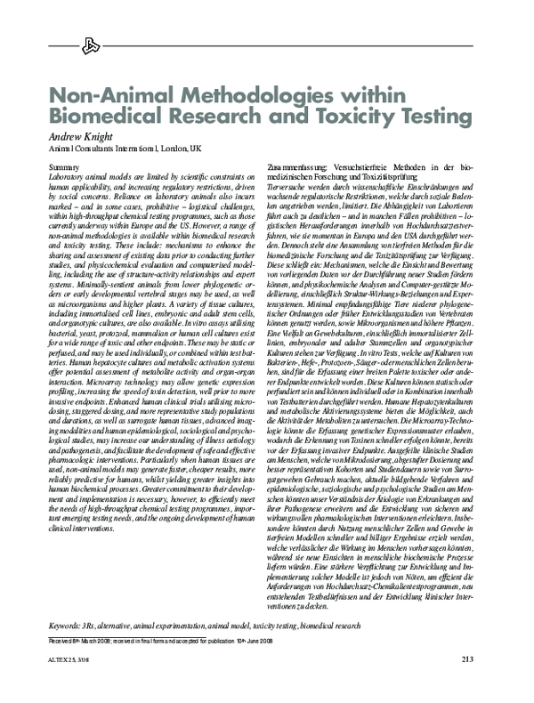 (PDF) Non-animal methodologies within biomedical research and toxicity ...
