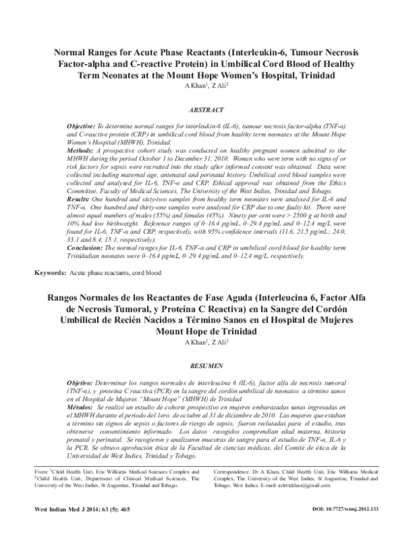 (PDF) Normal Ranges for Acute Phase Reactants (Interleukin-6, Tumour ...