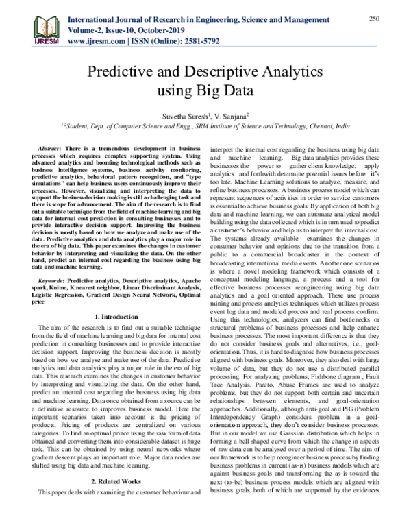 Pdf Predictive And Descriptive Analytics Using Big Data