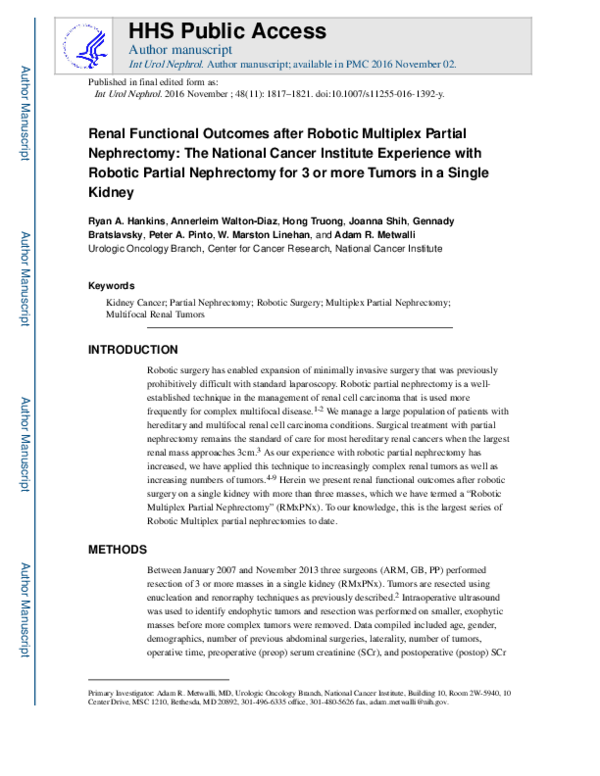 (PDF) Renal functional outcomes after robotic multiplex partial ...