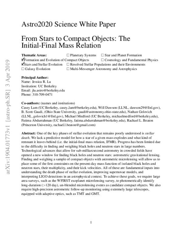 (PDF) From Stars to Compact Objects: The Initial-Final Mass Relation