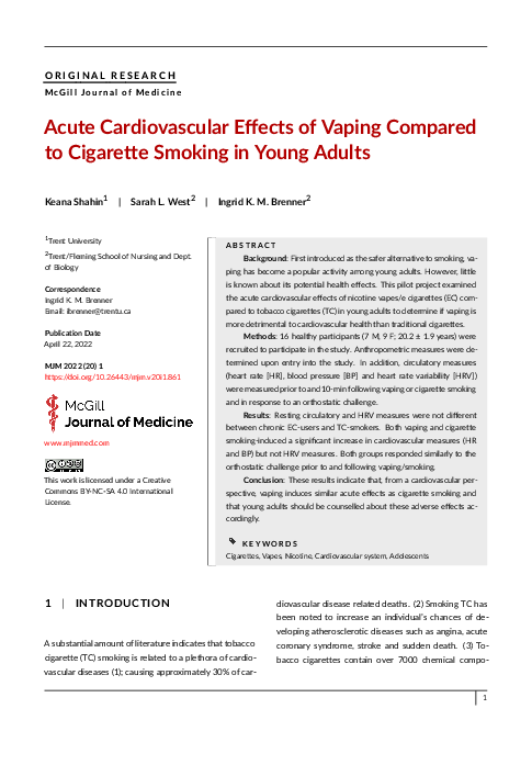 (PDF) Acute Cardiovascular Effects of Vaping Compared to Cigarette ...