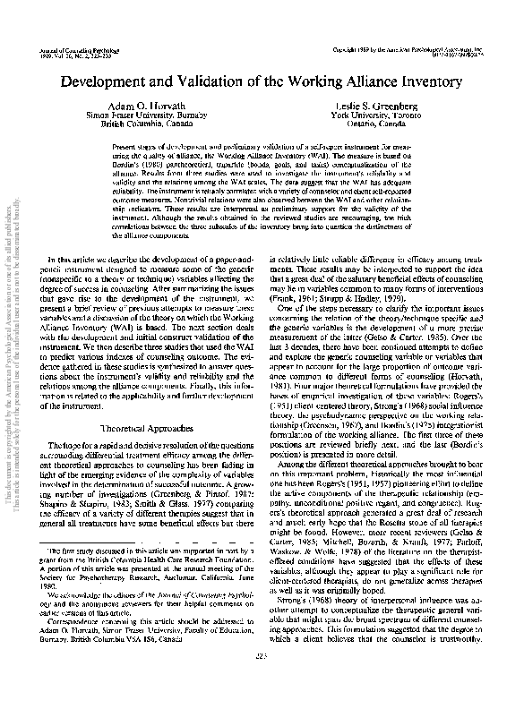 (PDF) Development and validation of the Working Alliance Inventory