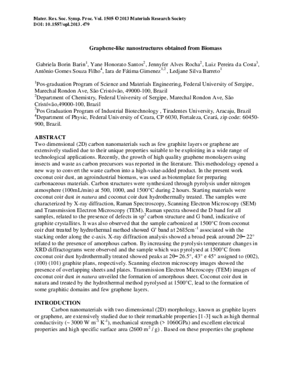 Pdf Graphene Like Nanostructures Obtained From Biomass