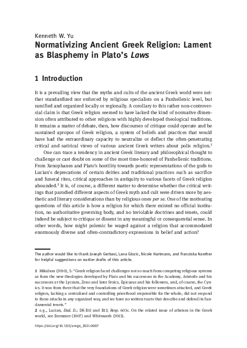 (PDF) Normativizing Ancient Greek Religion: Lament as Blasphemy in ...