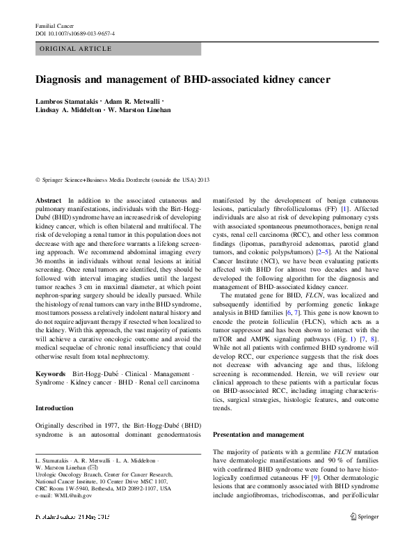 (PDF) Diagnosis and management of BHD-associated kidney cancer