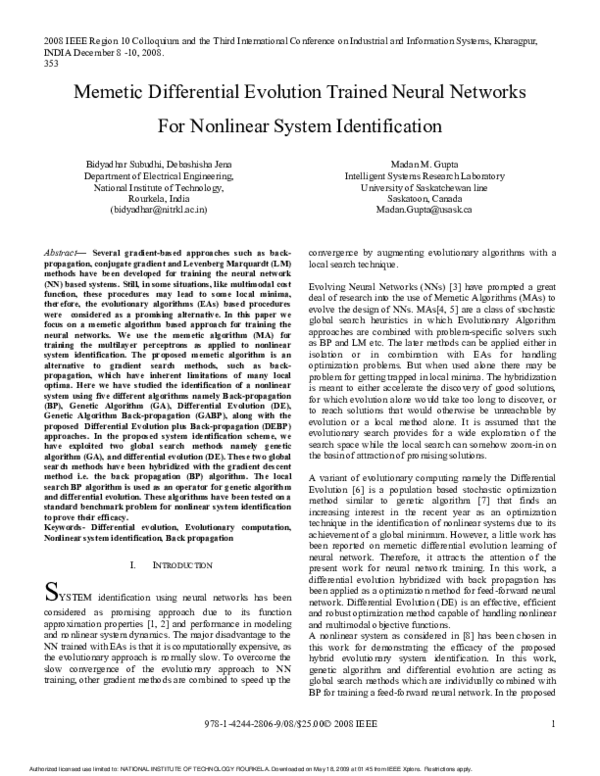 Pdf Memetic Differential Evolution Trained Neural Networks For