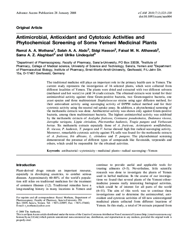 (PDF) Antimicrobial, Antioxidant and Cytotoxic Activities and Phytochemical Screening of Some ...