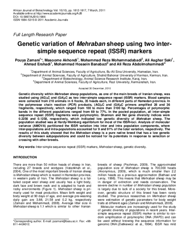 (PDF) Genetic variation of Mehraban sheep using two inter- simple sequence repeat (ISSR) markers