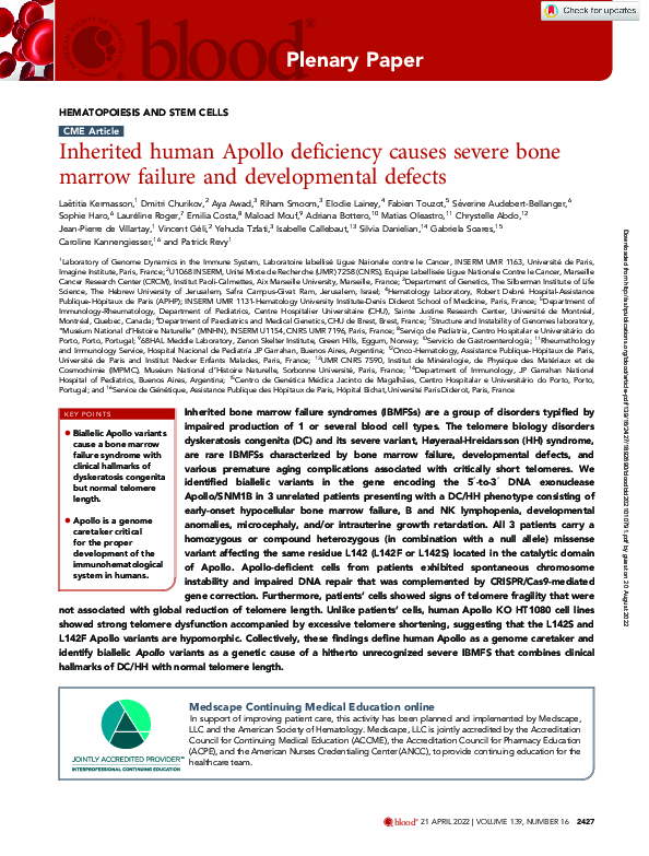 (PDF) Inherited human Apollo deficiency causes severe bone marrow ...