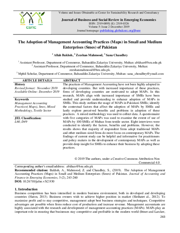 (PDF) The Adoption of Management Accounting Practices (Maps) in Small and Medium Enterprises ...