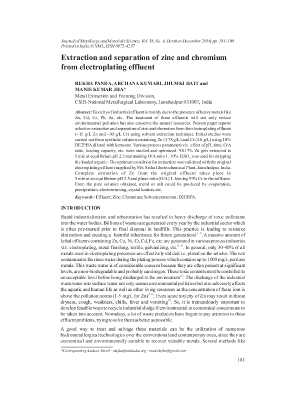 Pdf Extraction And Separation Of Zinc And Chromium From Electroplating Effluent