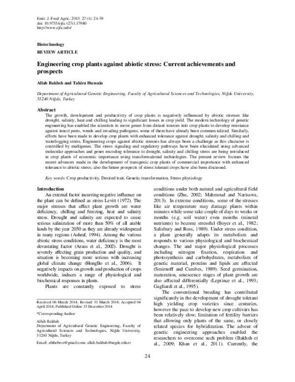 (PDF) Engineering crop plants against abiotic stress: Current achievements and prospects | allah ...
