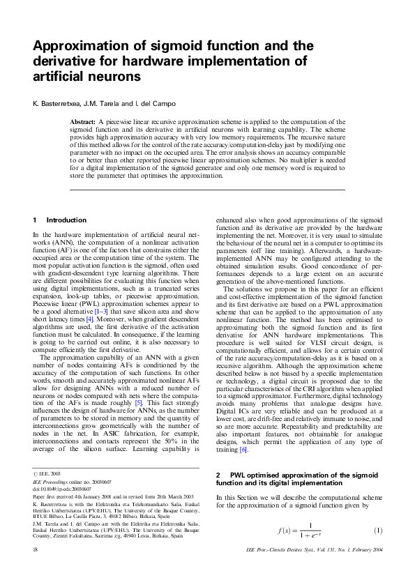 Pdf Approximation Of Sigmoid Function And The Derivative For Hardware Implementation Of