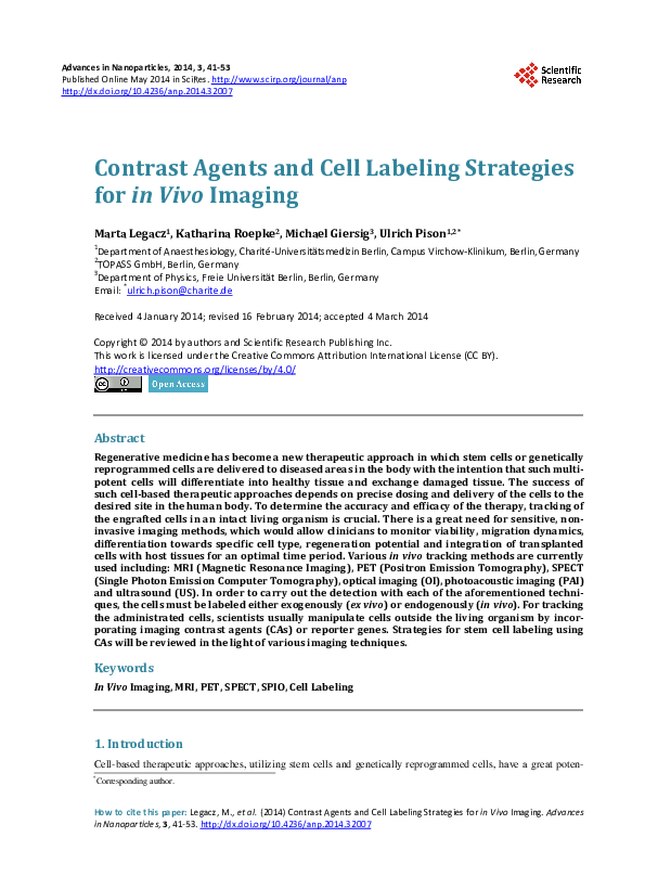 (PDF) Contrast Agents and Cell Labeling Strategies for in Vivo Imaging