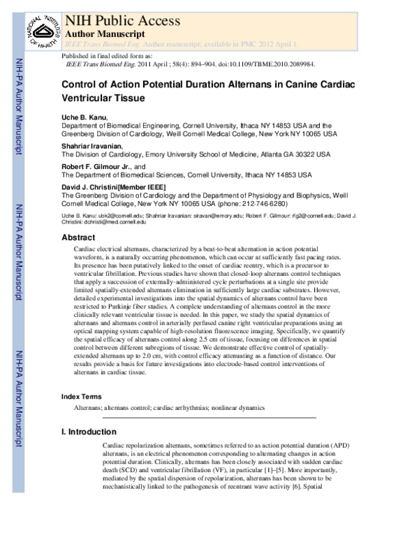 (PDF) Control of Action Potential Duration Alternans in Canine Cardiac ...