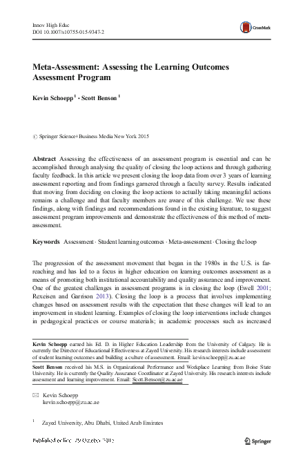 (PDF) Meta-Assessment: Assessing the Learning Outcomes Assessment Program