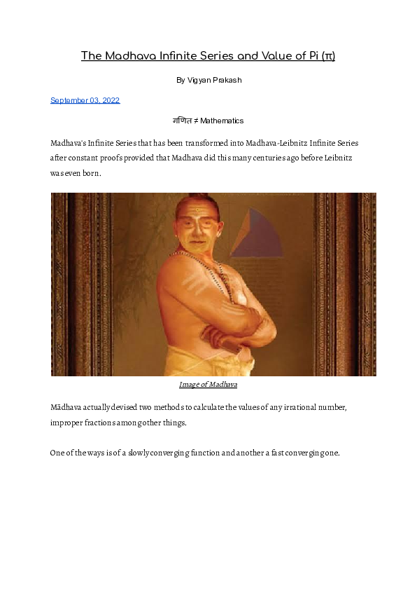 (PDF) The Madhava Infinite Series and Value of Pi (π)
