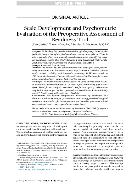 (PDF) Scale Development and Psychometric Evaluation of the Preoperative Assessment of Readiness ...