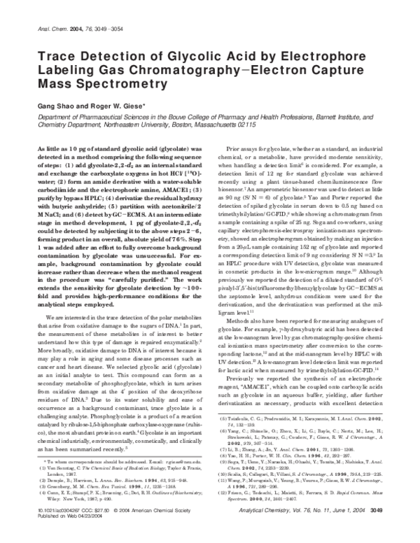 Pdf Trace Detection Of Glycolic Acid By Electrophore Labeling Gas Chromatography−electron