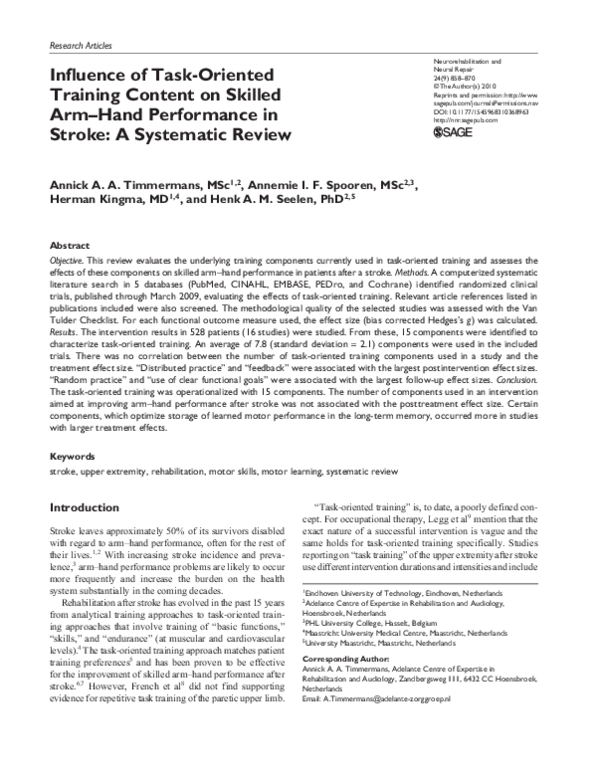 (PDF) Influence of Task-Oriented Training Content on Skilled Arm-Hand Performance in Stroke: A ...