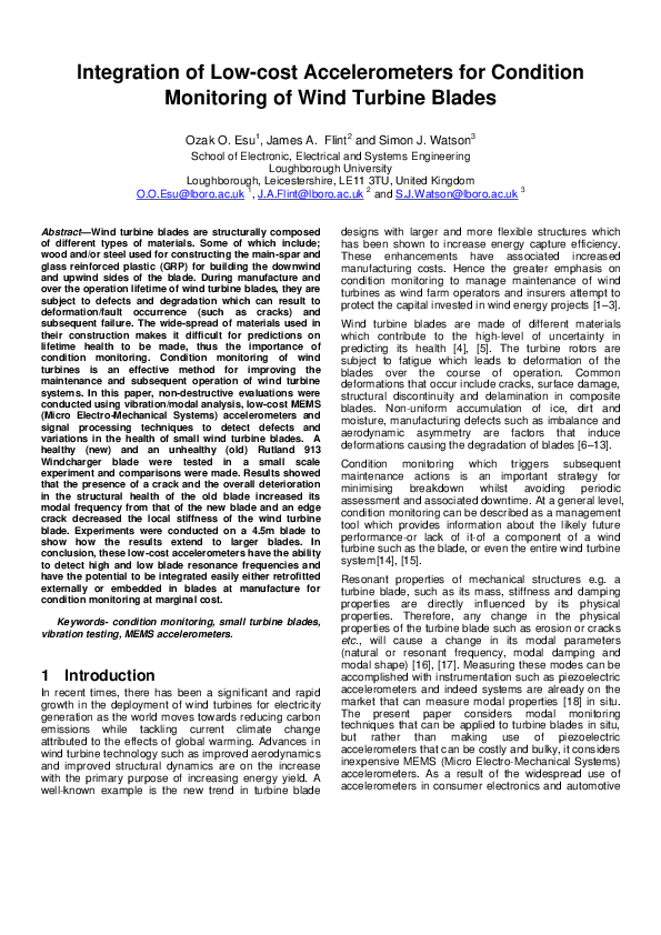 (PDF) Integration of Low-cost Accelerometers for Condition Monitoring of Wind Turbine Blades
