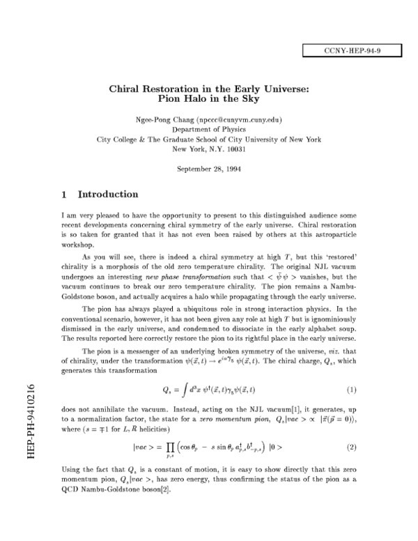 (PDF) Chiral restoration in the early universe: pion halo in the sky