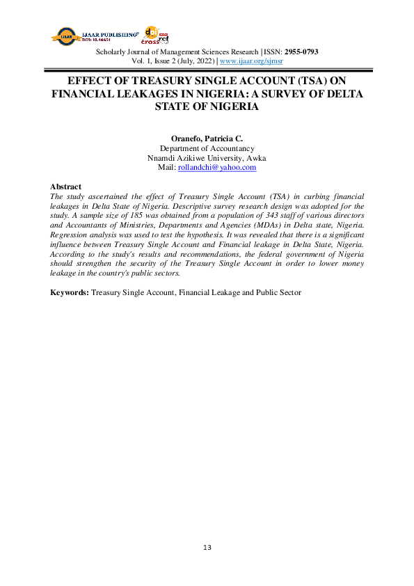 (PDF) EFFECT OF TREASURY SINGLE ACCOUNT (TSA) ON FINANCIAL LEAKAGES IN ...