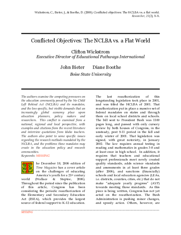 (PDF) Conflicted Objectives: The NCLBA vs. a Flat World