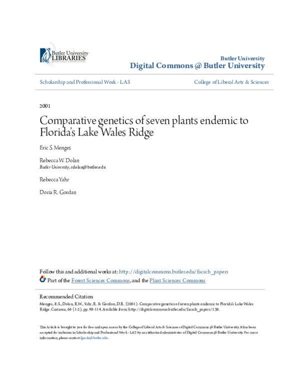 (PDF) Comparative genetics of seven plants endemic to Florida's Lake ...