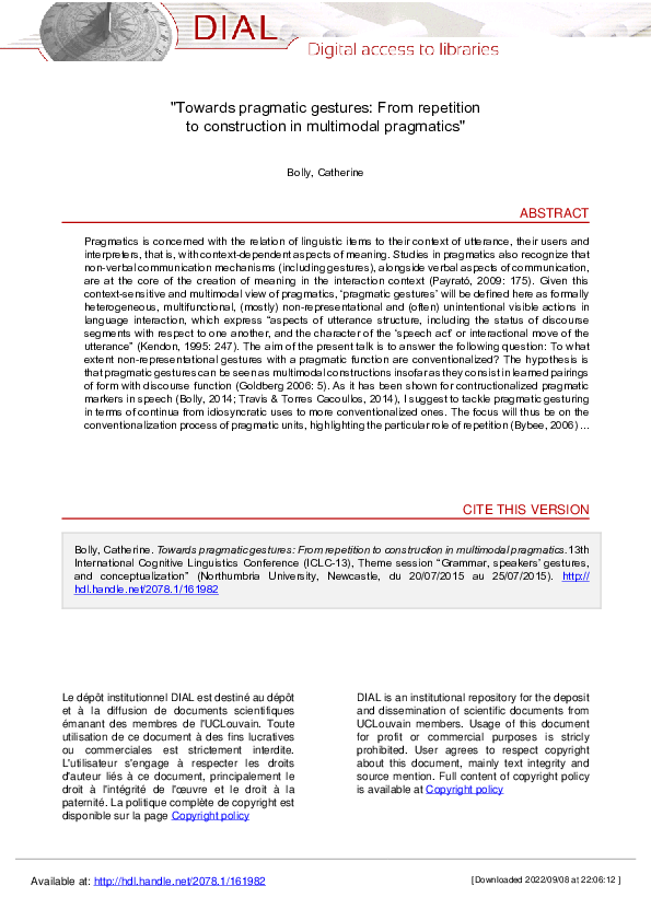 (PDF) Towards pragmatic gestures: From repetition to construction in multimodal pragmatics