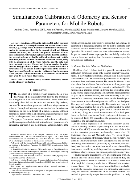 Pdf Simultaneous Calibration Of Odometry And Sensor Parameters For Mobile Robots Luca