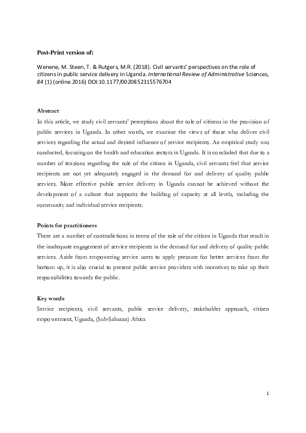(PDF) Civil servants’ perspectives on the role of citizens in public service delivery in Uganda