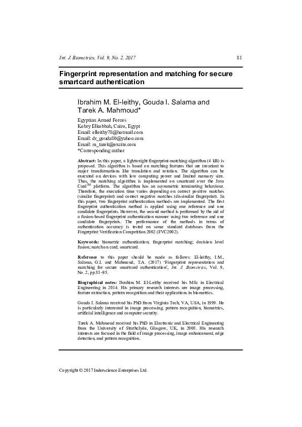 Pdf Fingerprint Representation And Matching For Secure Smartcard Authentication
