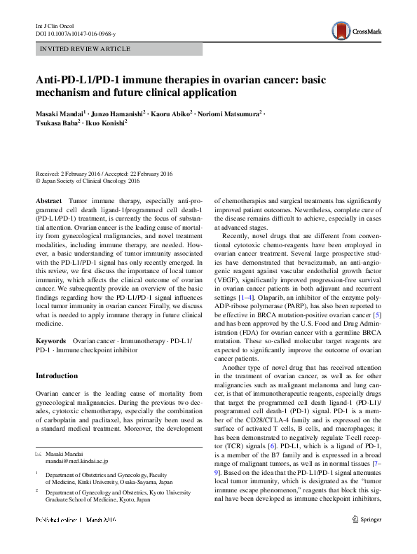 (PDF) Anti-PD-L1/PD-1 immune therapies in ovarian cancer: basic ...