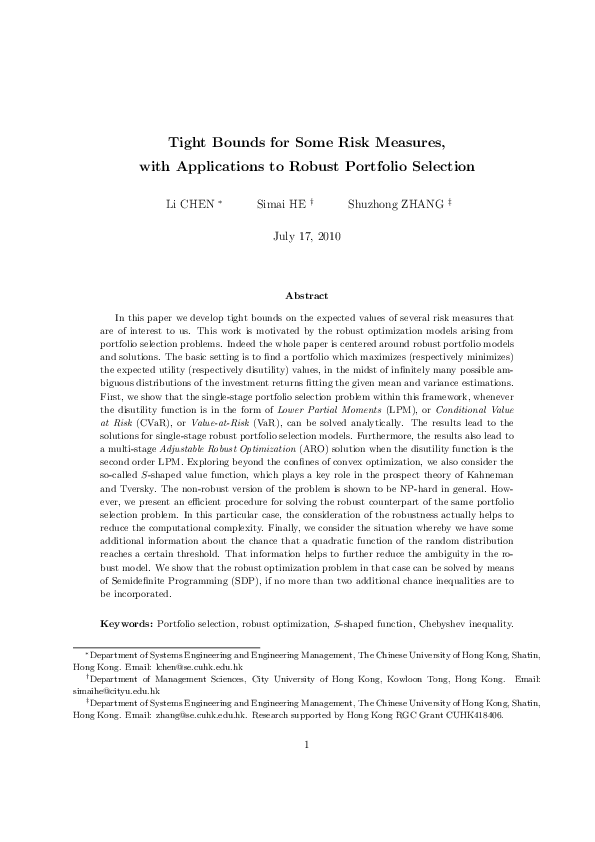 (PDF) Tight Bounds for Some Risk Measures, with Applications to Robust Portfolio Selection