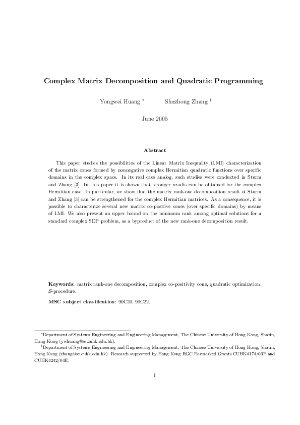 (PDF) Complex Matrix Decomposition and Quadratic Programming