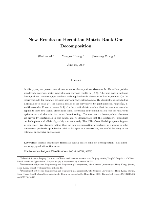 (PDF) New results on Hermitian matrix rank-one decomposition