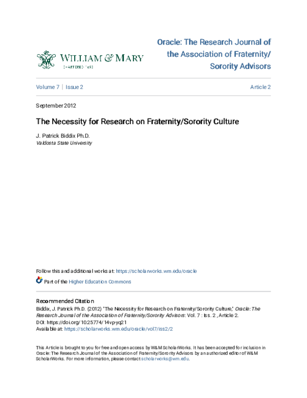 (PDF) The Necessity for Research on Fraternity/Sorority Culture