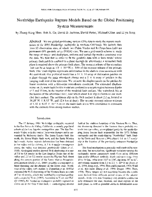 (PDF) Northridge earthquake rupture models based on the global positioning system measurements