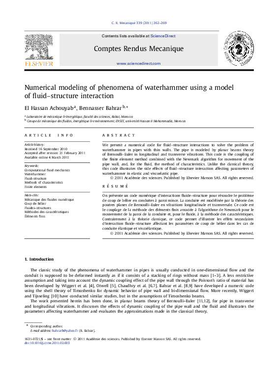 Pdf Numerical Modeling Of Phenomena Of Waterhammer Using A Model Of Fluidstructure Interaction