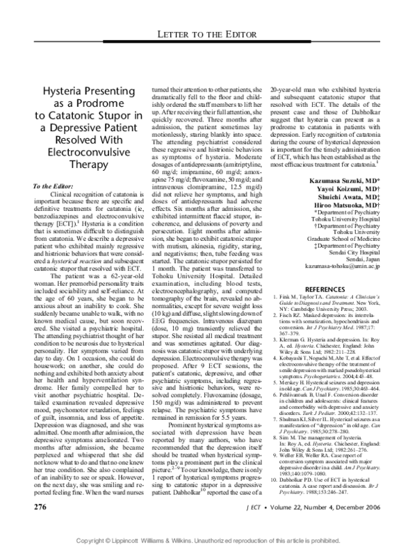 (PDF) Hysteria Presenting as a Prodrome to Catatonic Stupor in a ...