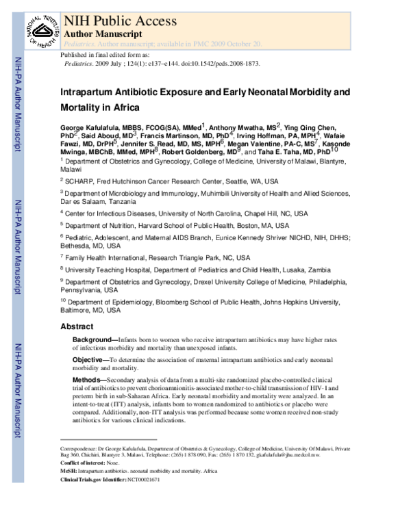 (PDF) Intrapartum Antibiotic Exposure and Early Neonatal, Morbidity, and Mortality in Africa ...
