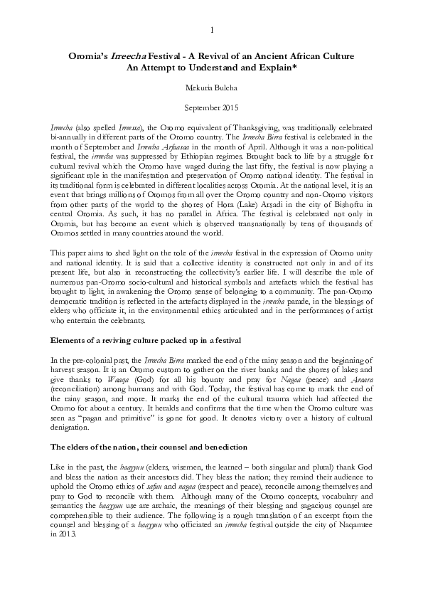 (PDF) Oromia ’ s Irreecha Festival-A Revival of an Ancient African ...